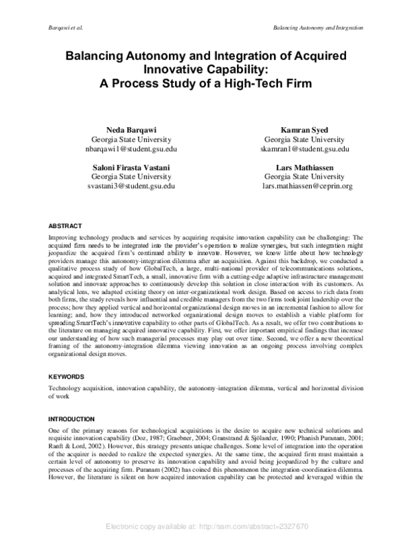 (PDF) Balancing Autonomy and Integration of Acquired Innovative ...