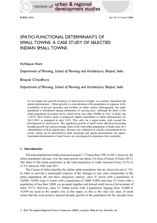 (PDF) Spatio-Functional Determinants of Small Towns: A Case Study of ...