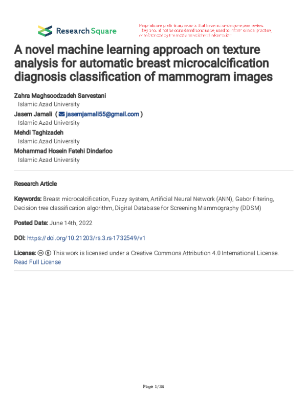 (PDF) A novel machine learning approach on texture analysis for automatic breast ...