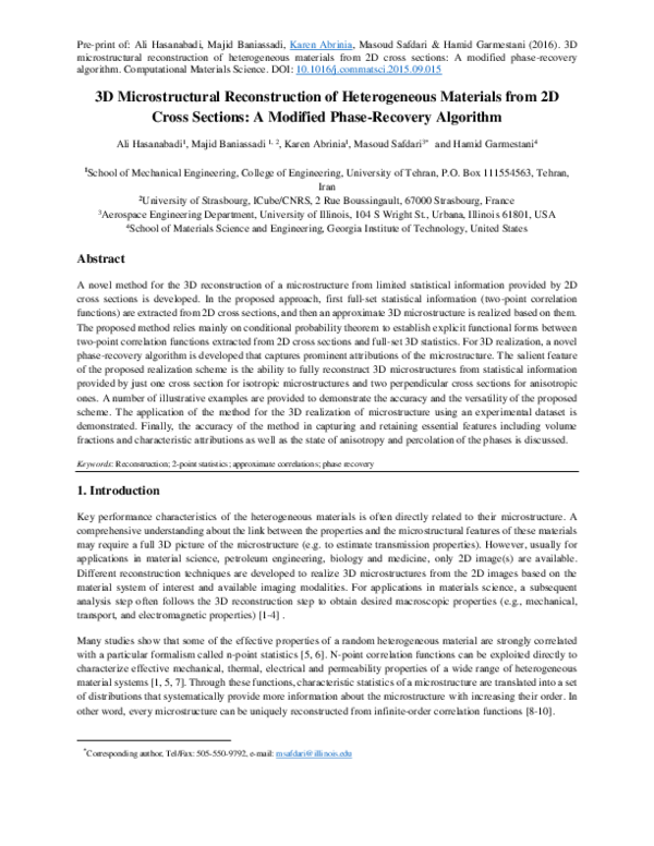 Pdf 3d Microstructural Reconstruction Of Heterogeneous Materials From 2d Cross Sections A