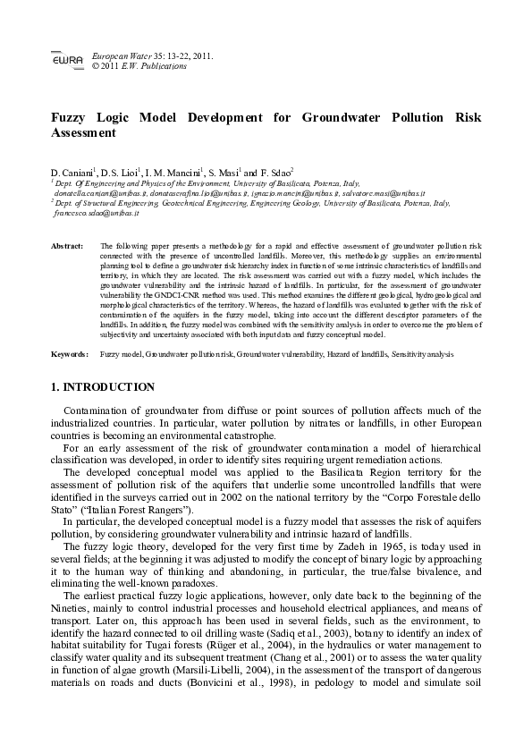 (PDF) Fuzzy Logic Model Development for Groundwater Pollution Risk Assessment