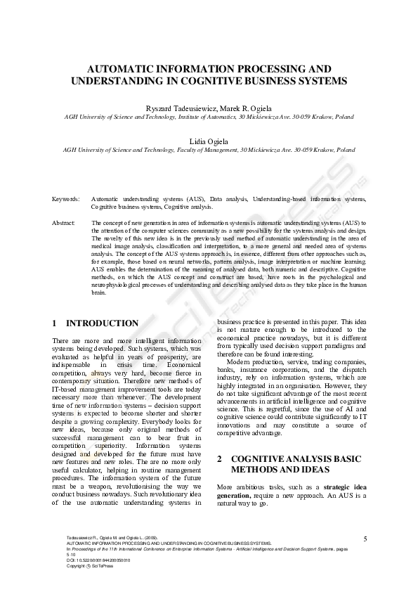 (PDF) Automatic Information Processing and Understanding in Cognitive Business Systems