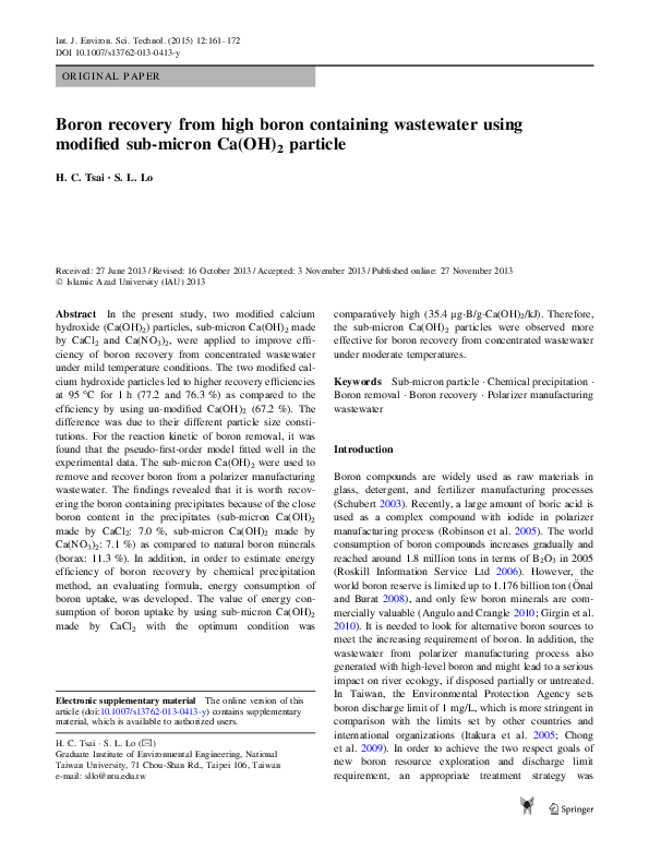 (PDF) Boron recovery from high boron containing wastewater using ...