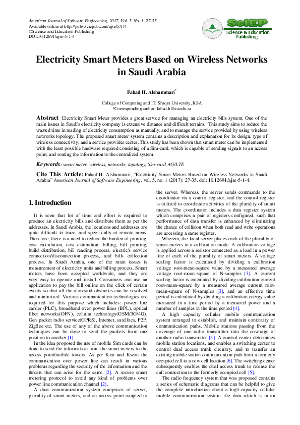 (PDF) Electricity Smart Meters Based on Wireless Networks in Saudi Arabia