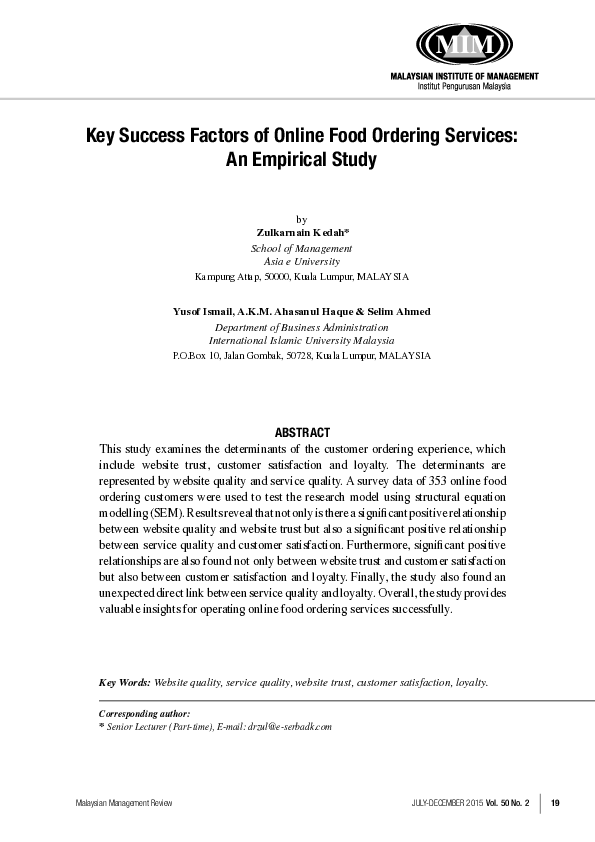 (PDF) Key success factors of online food ordering services:an empirical ...