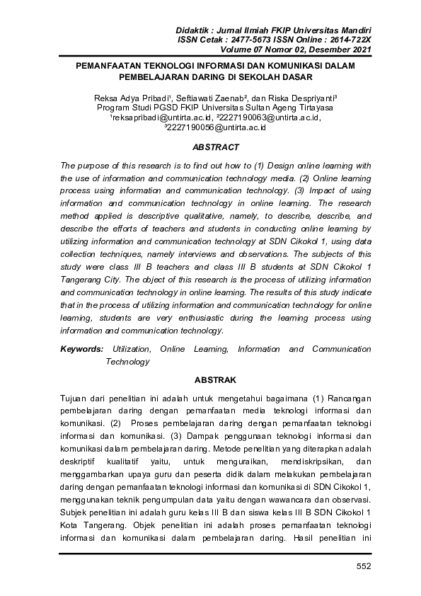 (PDF) Pemanfaatan Teknologi Informasi Dan Komunikasi Dalam Pembelajaran Daring DI Sekolah Dasar
