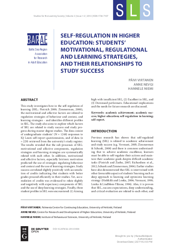 (PDF) Self-Regulation in Higher Education: Students’ Motivational ...