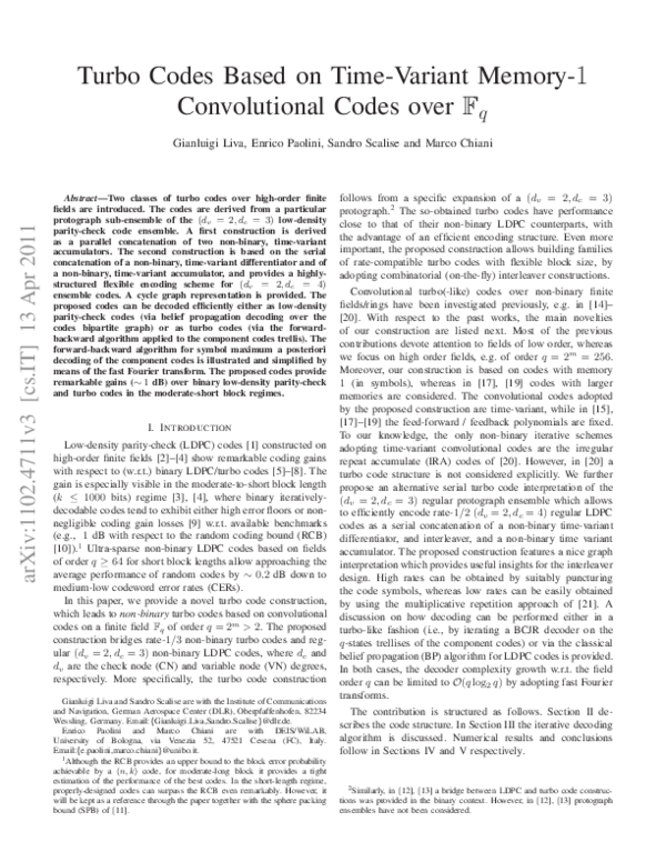 (PDF) Turbo Codes Based on Time-Variant Memory-1 Convolutional Codes over Fq