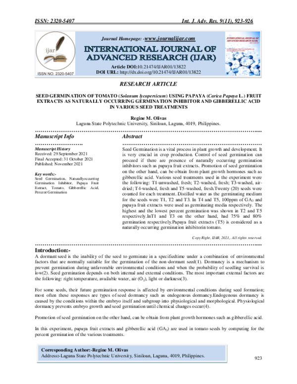(PDF) Seed Germination of Tomato (Solanum Lycopersicum) Using Papaya ...