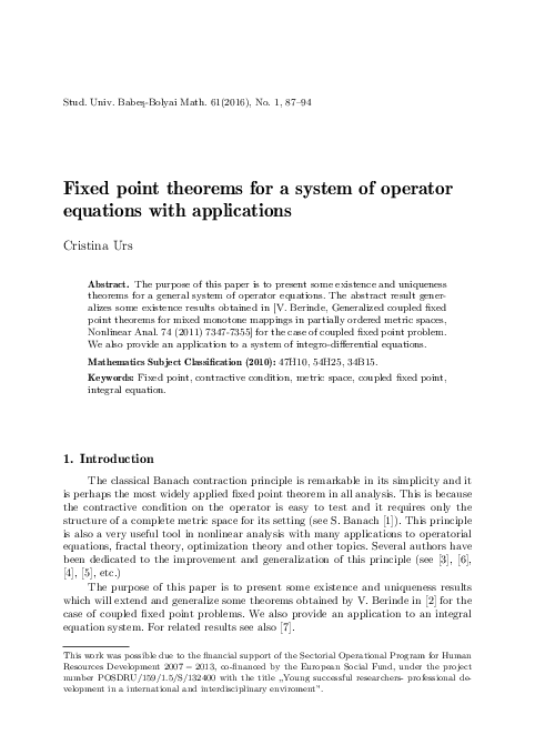 Pdf Fixed Point Theorems For A System Of Operator Equations With Applications
