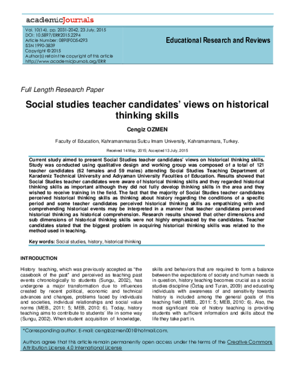 (PDF) Views on Historical Thinking by Teacher Candidates