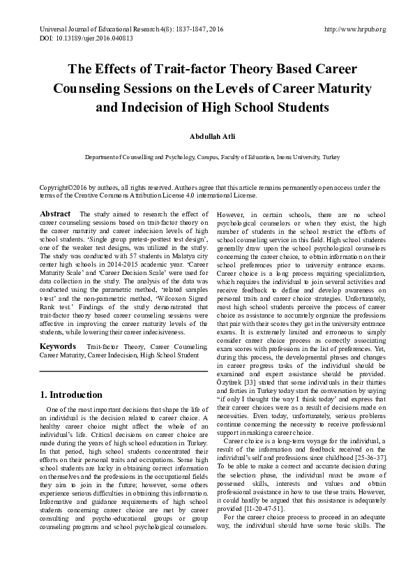 (PDF) The Effects of Trait-factor Theory Based Career Counseling Sessions on the Levels of ...