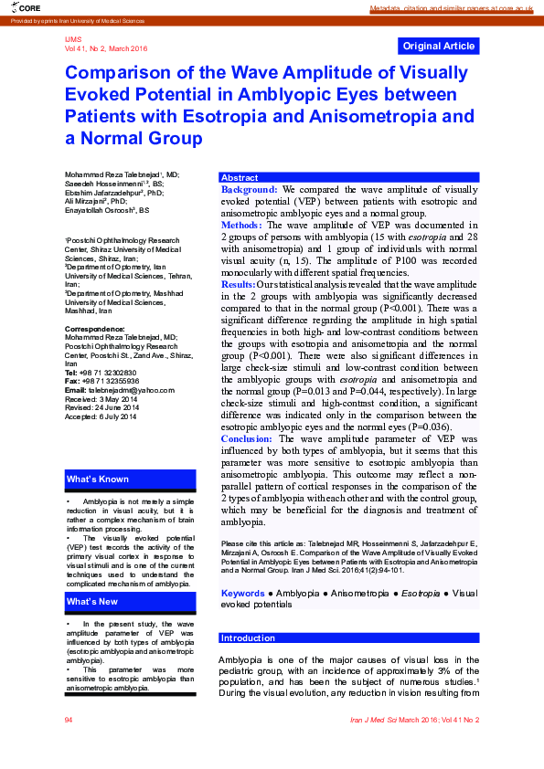 (PDF) Comparison of the Wave Amplitude of Visually Evoked Potential in Amblyopic Eyes between ...