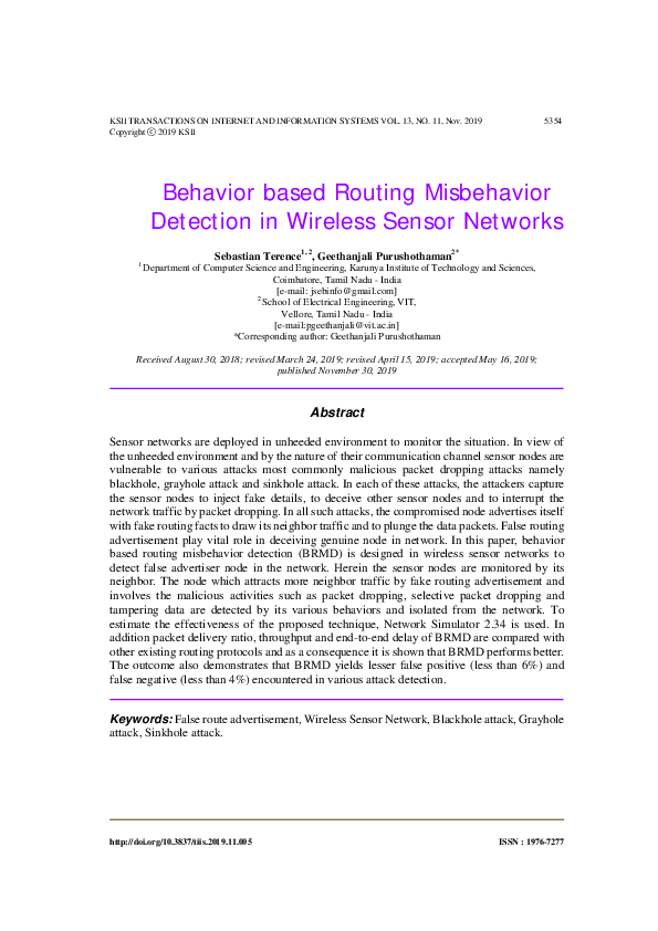 (PDF) Behavior based Routing Misbehavior Detection in Wireless Sensor Networks