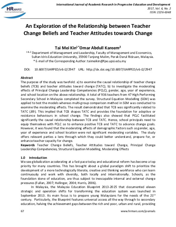 (PDF) An Exploration of the Relationship between Teacher Change Beliefs ...