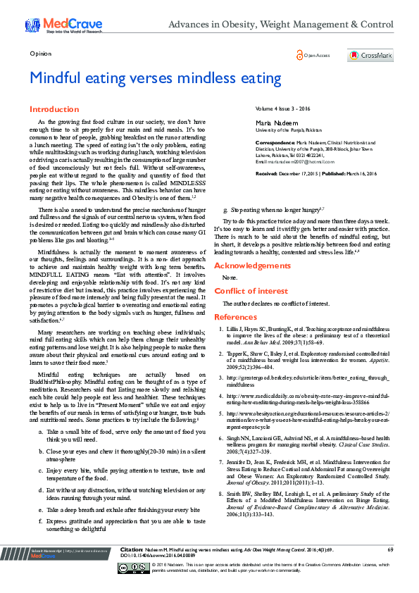 (PDF) Mindful Eating Verses Mindless Eating