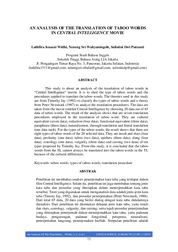 (PDF) An Analysis of the Translation of Taboo Words in Central Intelligence Movie