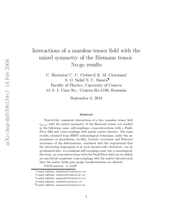 (PDF) Interactions of a massless tensor field with the mixed symmetryof the Riemann tensor. No ...