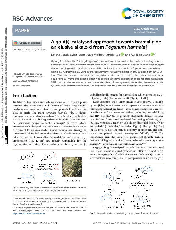 (PDF) A gold(i)-catalysed approach towards harmalidine an elusive ...