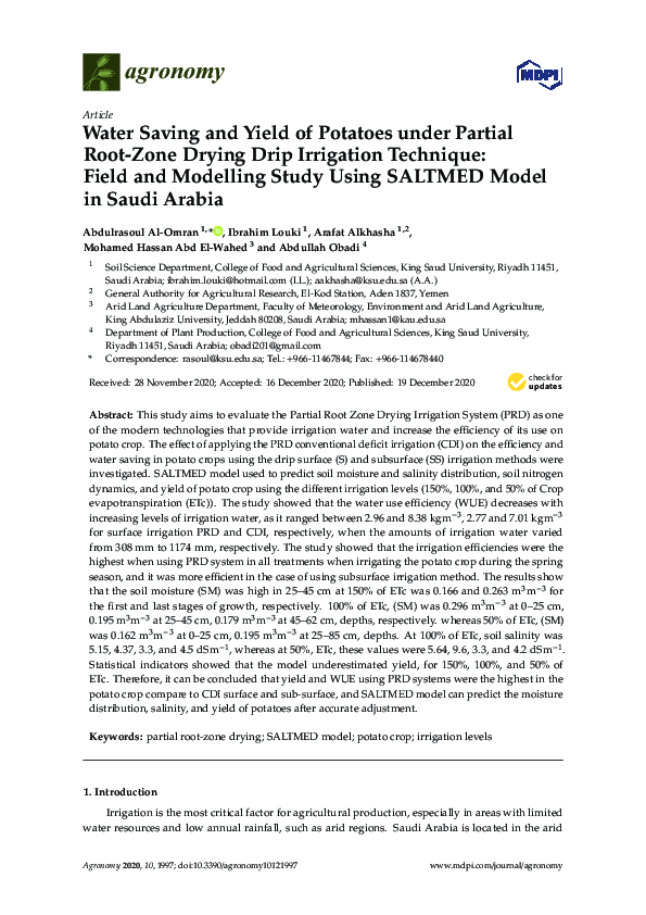 Pdf Water Saving And Yield Of Potatoes Under Partial Root Zone Drying