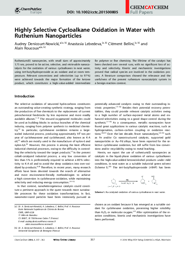 (PDF) Highly Selective Cycloalkane Oxidation in Water with Ruthenium ...