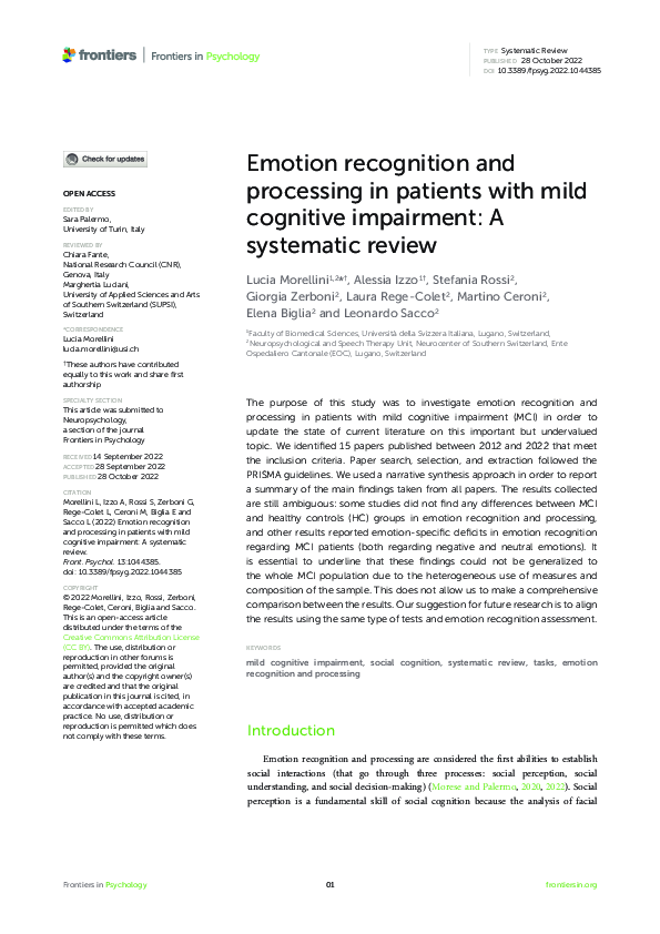 (PDF) Emotion recognition and processing in patients with mild cognitive impairment: A ...