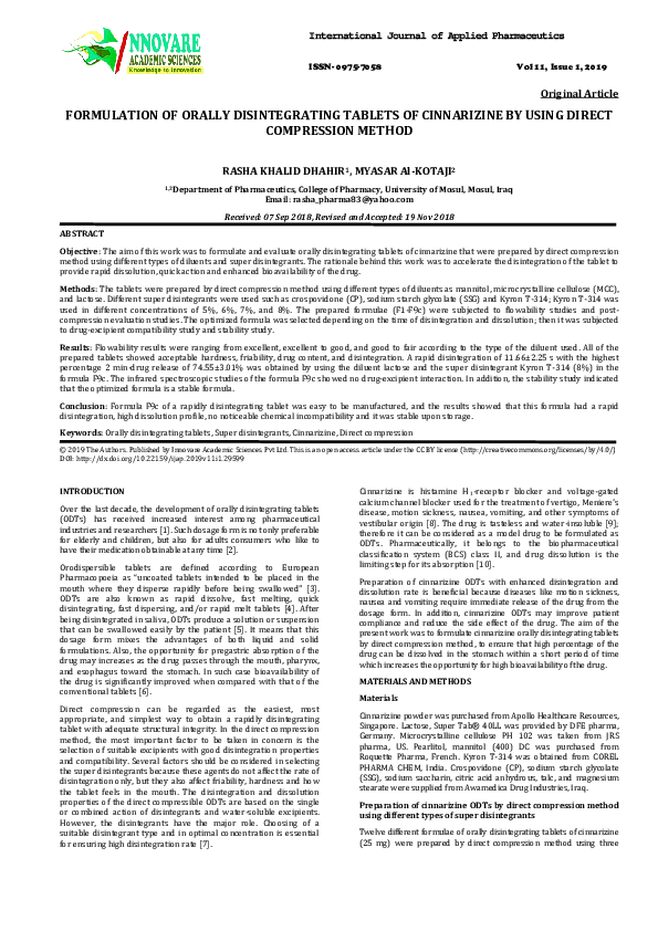 Pdf Formulation Of Orally Disintegrating Tablets Of Cinnarizine By Using Direct Compression Method