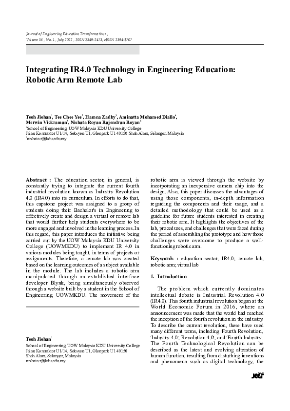 (PDF) Integrating IR4.0 Technology in Engineering Education: Robotic ...