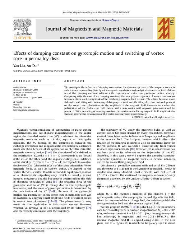 (PDF) Effects of damping constant on gyrotropic motion and switching of vortex core in permalloy ...