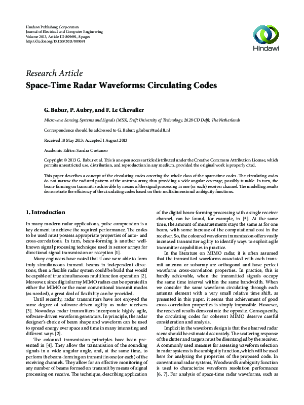 Pdf Space Time Radar Waveforms Circulating Codes