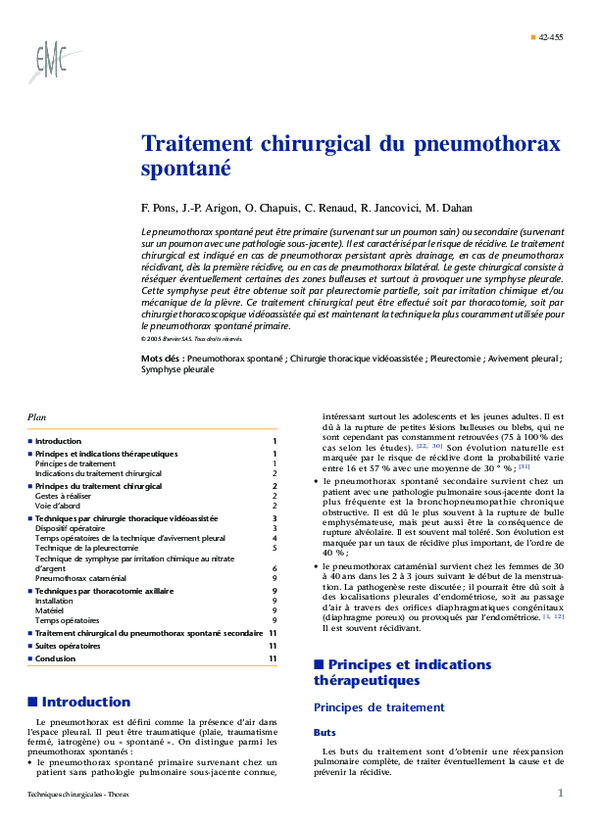 (PDF) Traitement chirurgical du pneumothorax spontané