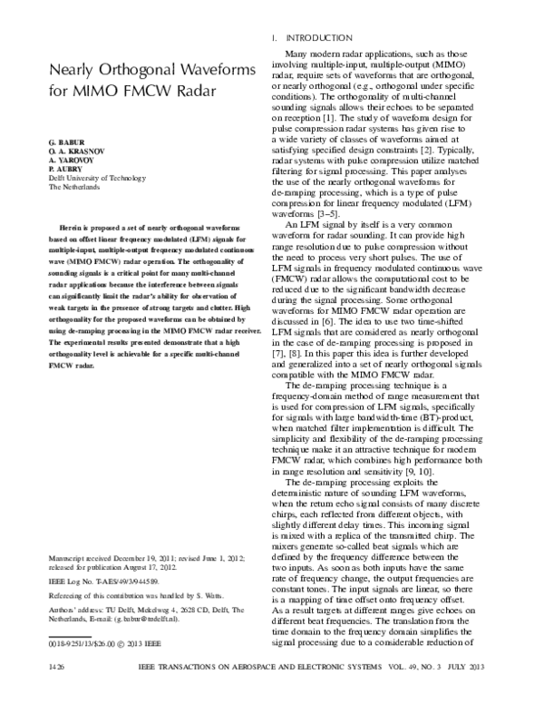 (PDF) Nearly Orthogonal Waveforms for MIMO FMCW Radar | Galina Babur - Academia.edu