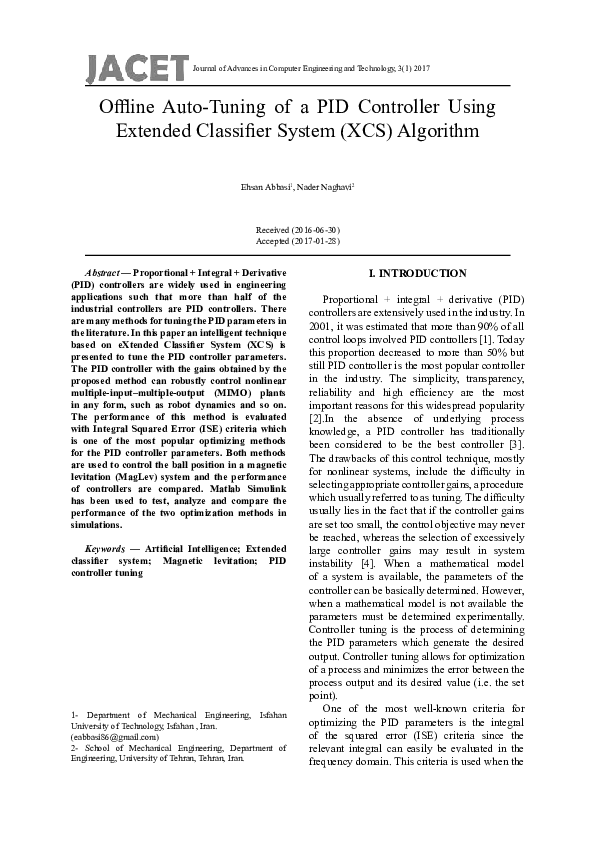 (PDF) Offline Auto-Tuning of a PID Controller Using Extended Classifier System (XCS) Algorithm