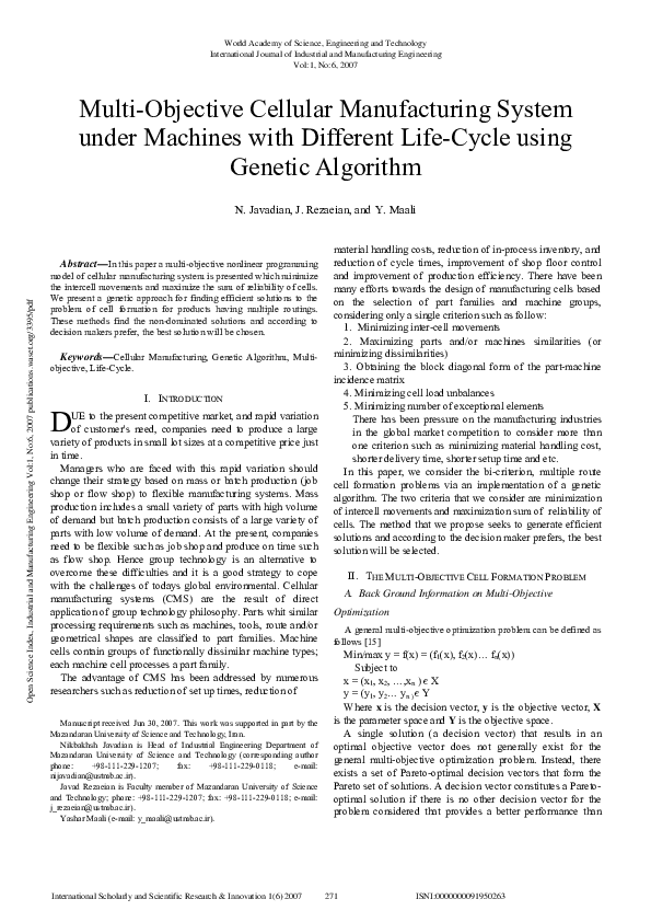 (PDF) Multi-Objective Cellular Manufacturing System Under Machines With Different Life-Cycle ...