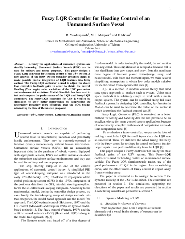 (PDF) Fuzzy LQR Controller for Heading Control of an Unmanned Surface Vessel