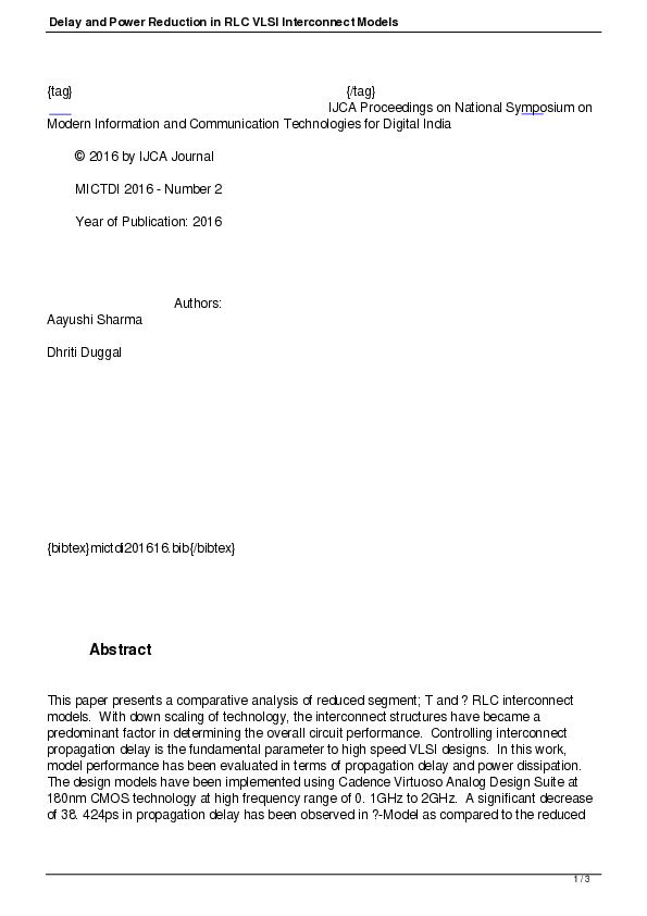 (PDF) Delay and Power Reduction in RLC VLSI Interconnect Models