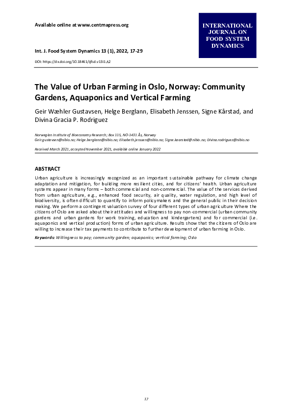(PDF) The Value of Urban Farming in Oslo, Norway: Community Gardens ...
