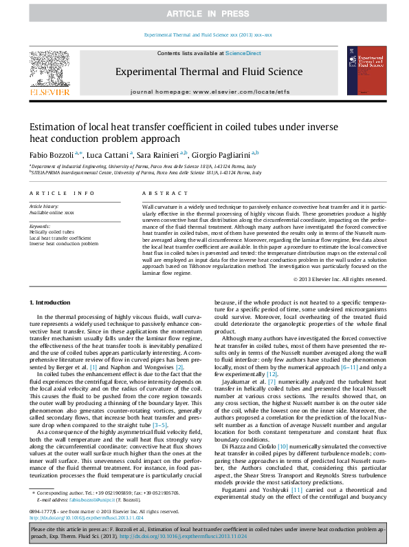 Pdf Estimation Of Local Heat Transfer Coefficient In Coiled Tubes Under Inverse Heat