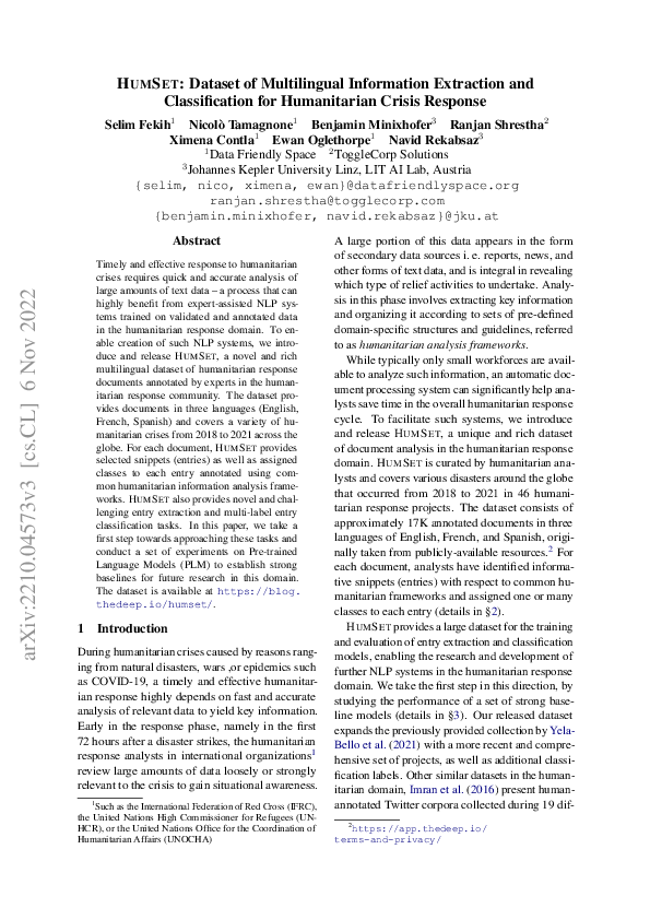(PDF) HumSet: Dataset of Multilingual Information Extraction and Classification for Humanitarian ...