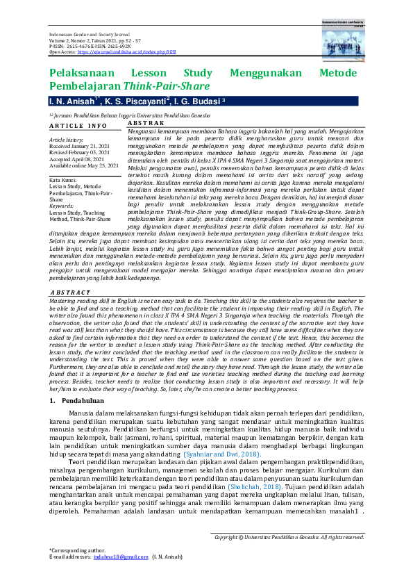 (PDF) Pelaksanaan Lesson Study Menggunakan Metode Pembelajaran Think-Pair-Share