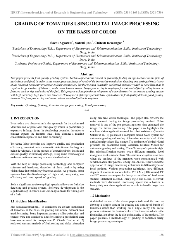 (PDF) Grading of Tomatoes Using Digital Image Processing on the Basis of Color