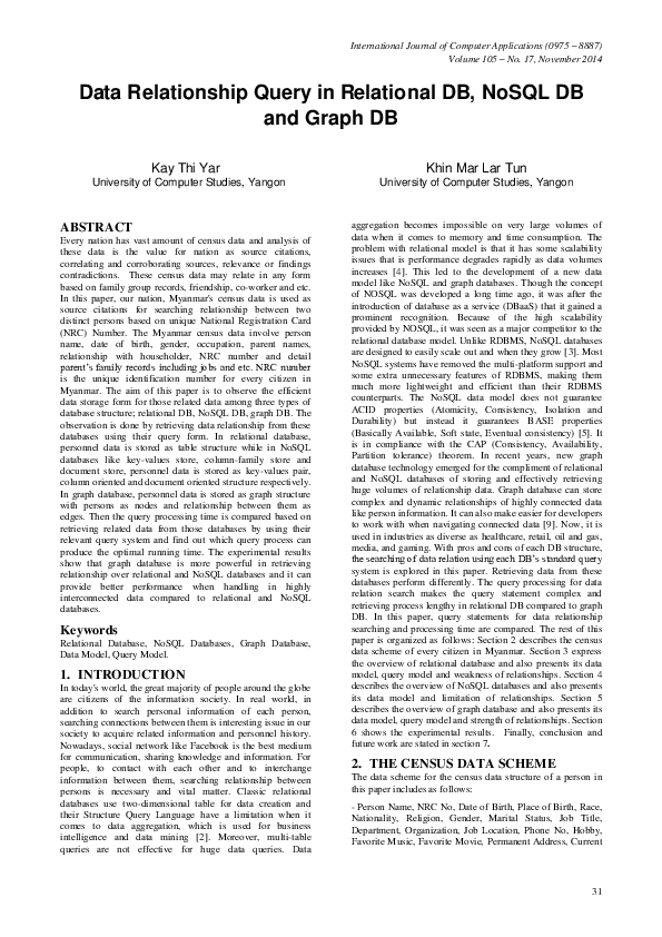 (PDF) Data Relationship Query in Relational DB, NoSQL DB and Graph DB