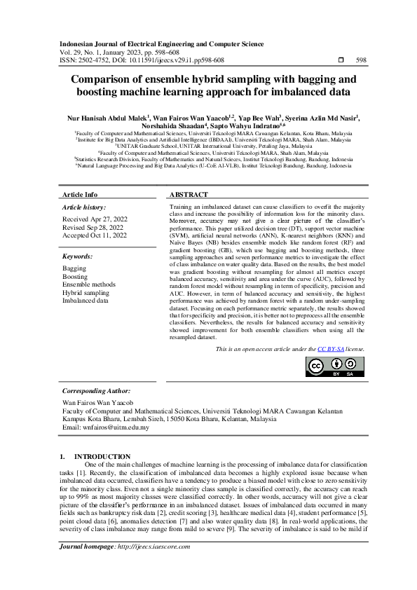 (PDF) Comparison of ensemble hybrid sampling with bagging and boosting machine learning approach ...