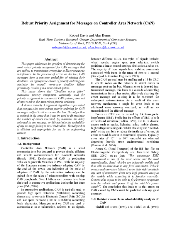 (PDF) Robust priority assignment for messages on Controller Area Network (CAN)