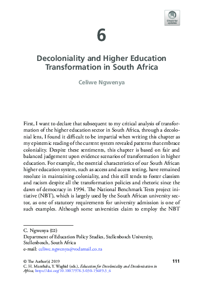 (PDF) Decoloniality and Higher Education Transformation in South Africa