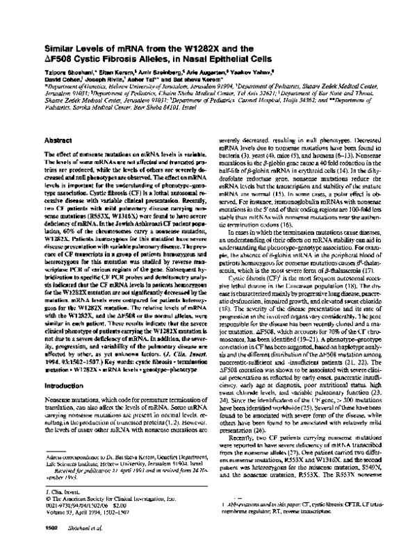 (PDF) Similar levels of mRNA from the W1282X and the delta F508 cystic ...