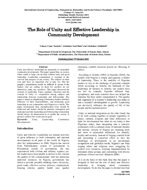 (PDF) The Role of Unity and Effective Leadership in Community Development