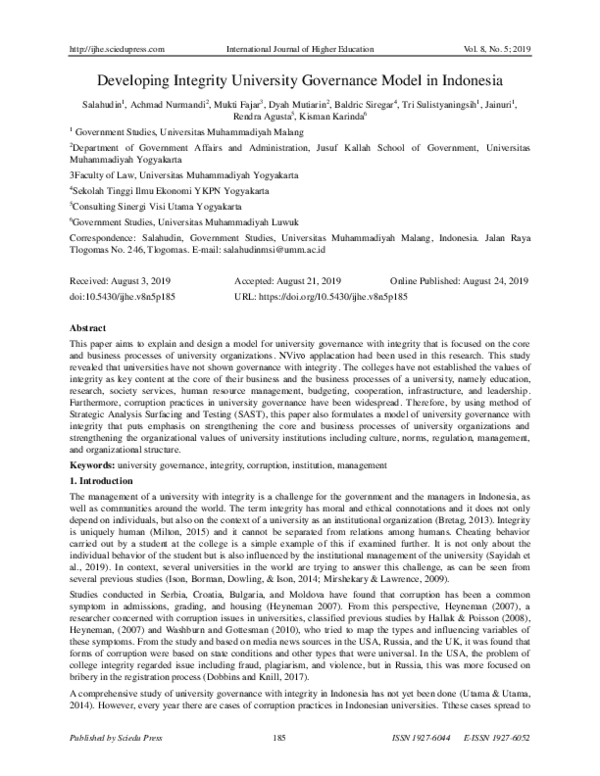 (PDF) Developing Integrity University Governance Model in Indonesia