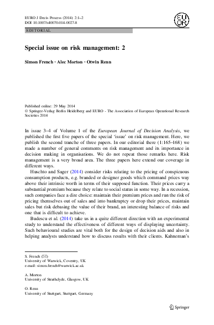 (PDF) Special issue on risk management: 2
