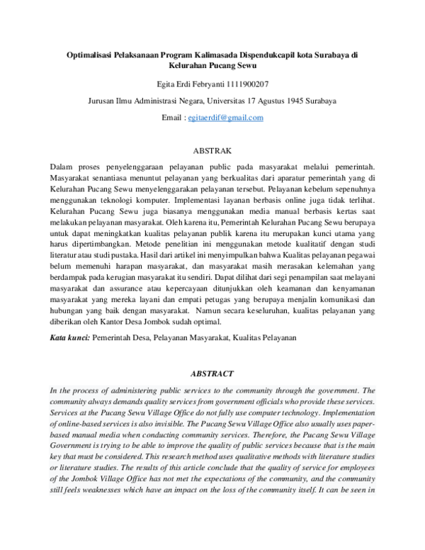(PDF) Optimalisasi Pelaksanaan Program Kalimasada Dispendukcapil kota ...